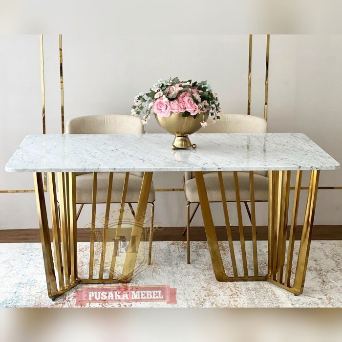 Jual meja makan marmer putih carrara stainless gold, dining table ...