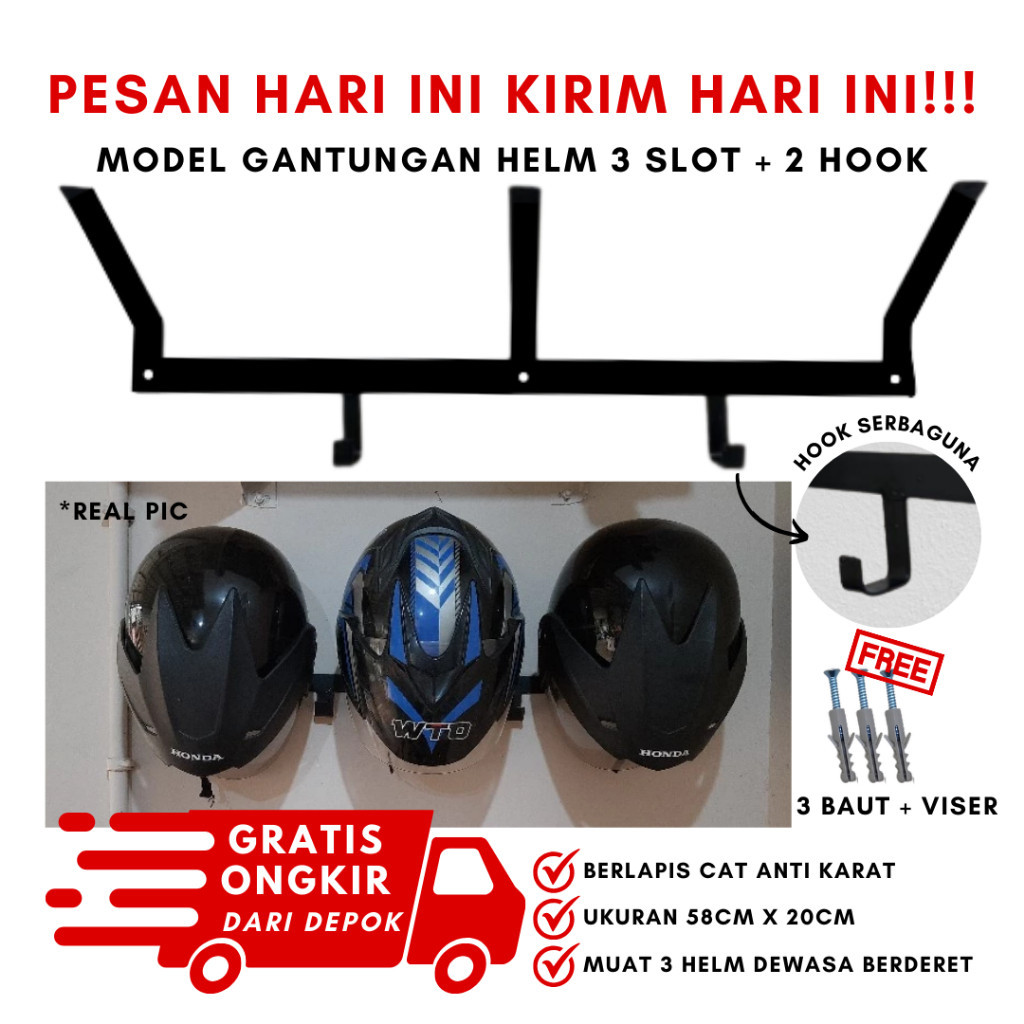 Jual Gantungan helm besi anti karat muat 3 helm / Gantungan helm besi muat 1 helm dengan hook ...
