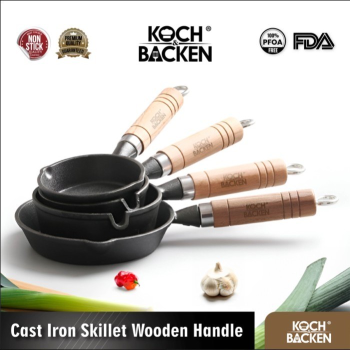 Jual KOCH&BACKEN Cast Iron Skillet Fry Pan Wooden Handle - Wajan Panci ...