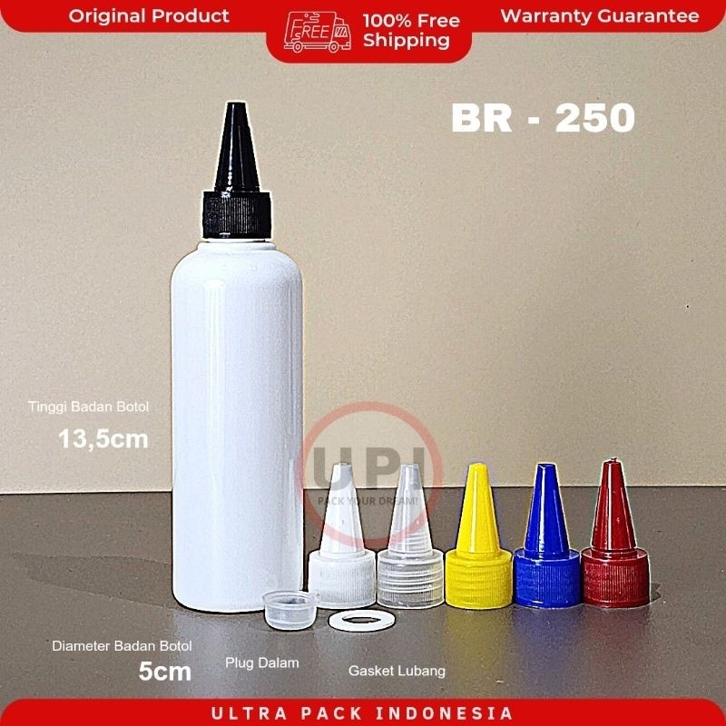 Jual KEMASAN BOTOL TINTA ISI ULANG ANTI BOCOR - BOTOL PET BR 250ML PUTIH + TUTUP KERUCUT + PLUG ...