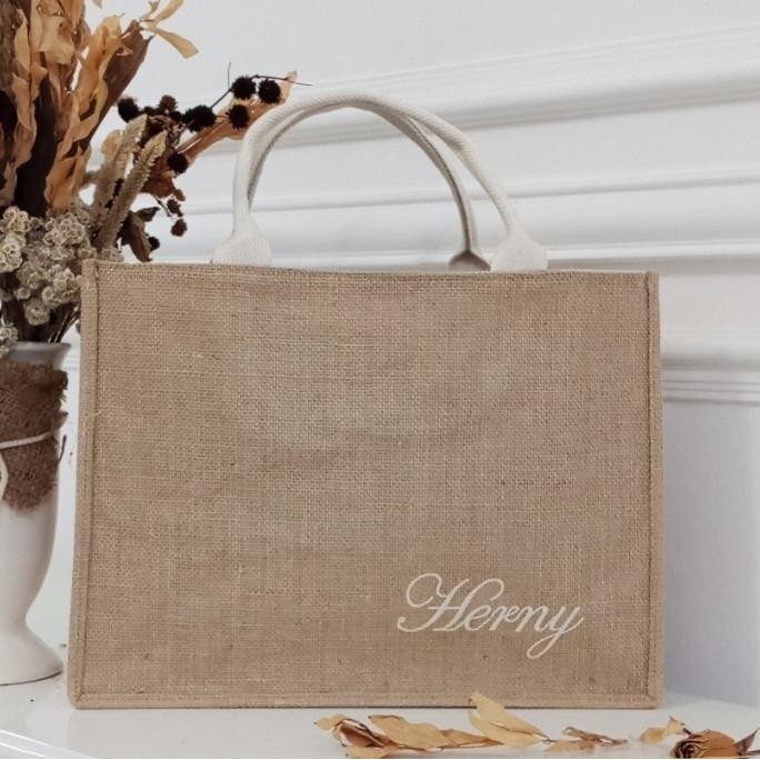 Jual jute bag tote bag goni burlap custom nama personal | Shopee Indonesia