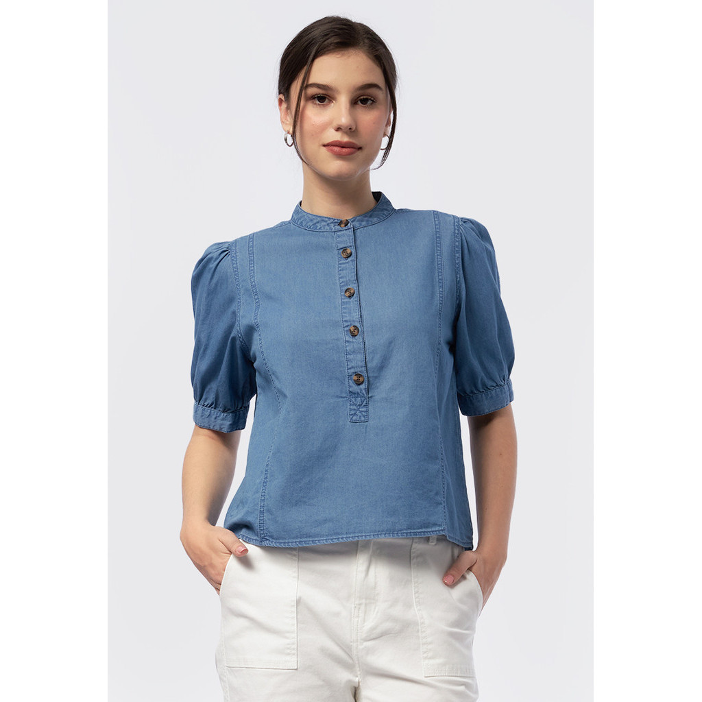 Jual Et Cetera Short Sleeve Denim Blouse MED BLUE | Shopee Indonesia