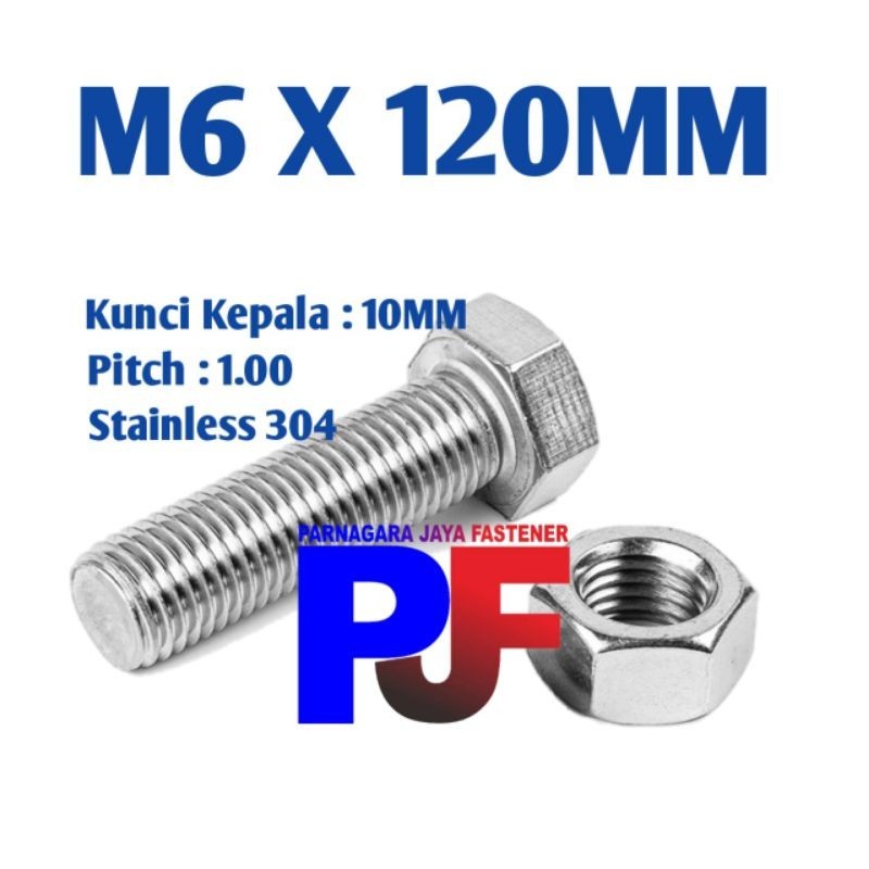 Jual Mur Baut M6 x 120 mm Stainless / Bolt Nut Stainless Steel 304 M6 x 120 | Shopee Indonesia