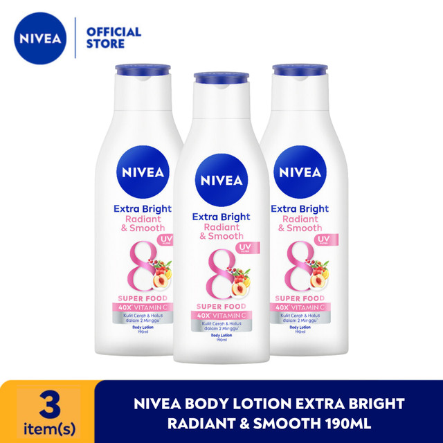 Jual NIVEA Body Lotion Extra Bright Radiant & Smooth UV Filter 190ml x 3 pcs | Shopee Indonesia