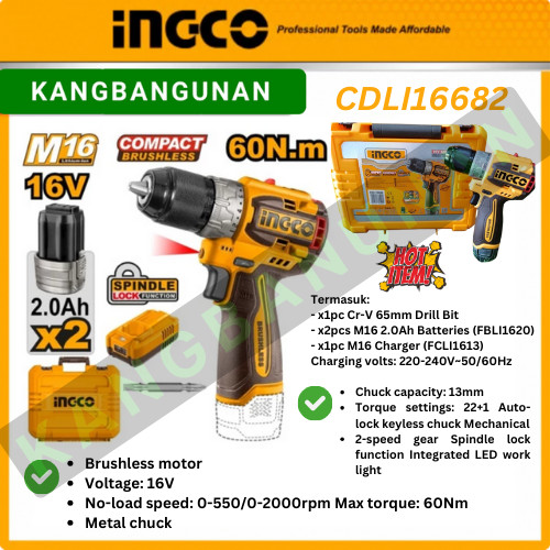 Jual MESIN CORDLESS DRILL BOR BESI KAYU BATERAI 16V M16 INGCO SET ...