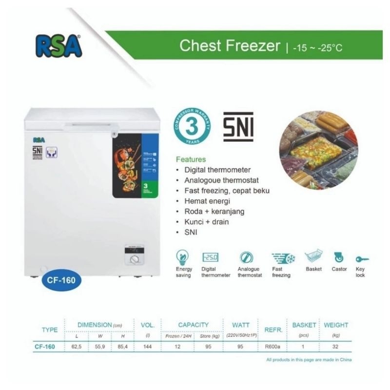 Jual Chest Freezer Box RSA CF 160 Freezer Daging 144 Liter | Shopee ...