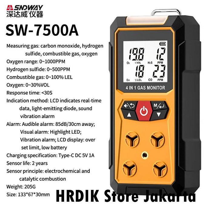 Jual Gas Detector Sndway Sw-7500A Co H2S O2 Ex 4In1 Combustible Lel Sensor Sw7500A Detektor ...
