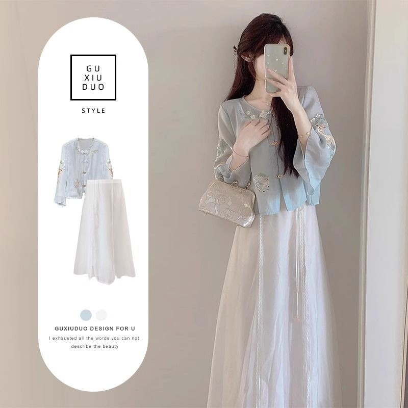 Jual Setelan Gaya China Dua Potong, Kemeja Atasan Hanfu Anti Penuaan ...
