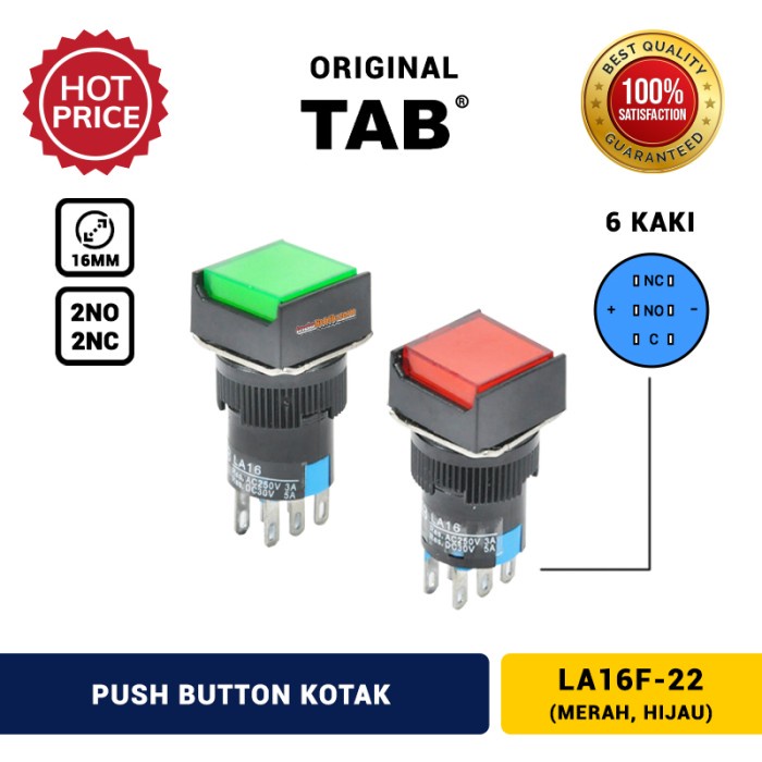 Jual Push Button 16mm Kotak LA16F-22 TAB Kontak 2 NO dan 2 NC | Shopee ...