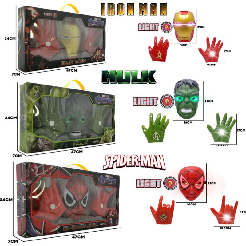Jual Tog Dan Sarung Tangan Spiderman Ironman Hulk Kostum Hero Bunyi ...