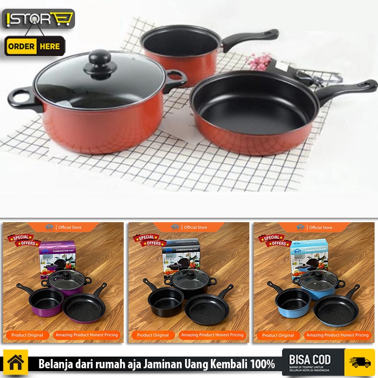 Jual BLRJ7868 Panci Set 3 IN 1 Anti Lengket Panci Isi 3 Tutup Kaca Panci Set Pot Cookware Set ...