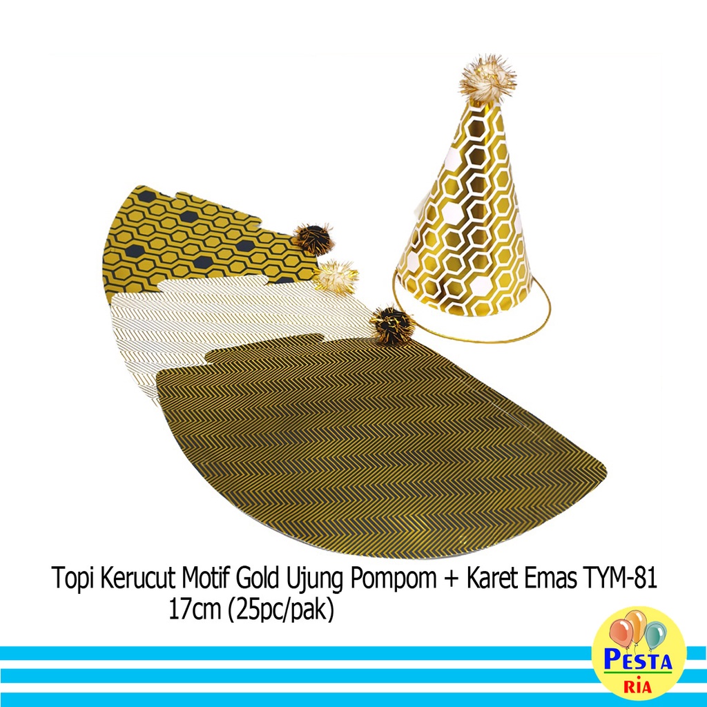 Jual Murah!! (1Pcs) Topi Kerucut Gold Pompom Ultah, topi kerucut hbd ...