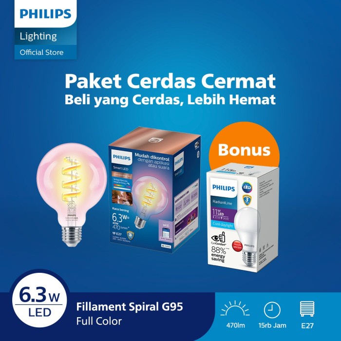 Jual Philips Wi-Fi LED 6.3W G95 Filament RGB Free 1 Lampu 11W Radiant ...