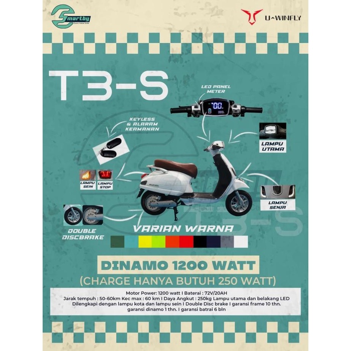 Jual Sepeda Motor Listrik T3 S Vespa UWINFLY 1200 watt T3S T3-S Scooter ...