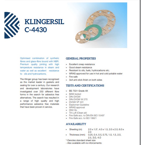 Jual KLINGERSIL C 4430 GASKET Sheet ASLI ORIGINAL Size: 1,5 Mtr x 2 Mtr ...