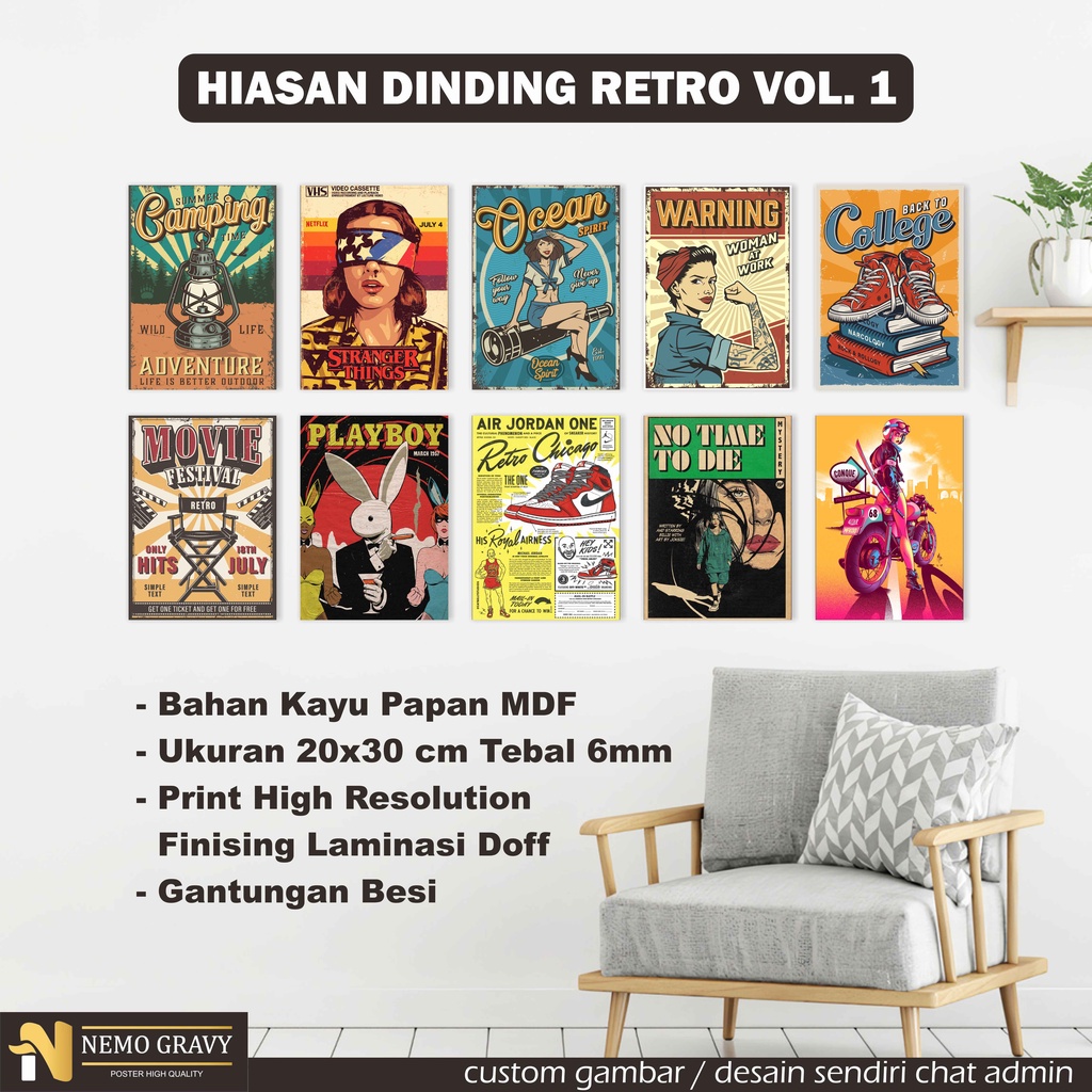 Jual HIASAN DINDING RETRO VOL. 1 20x30 cm 6mm poster kayu mdf | Shopee ...