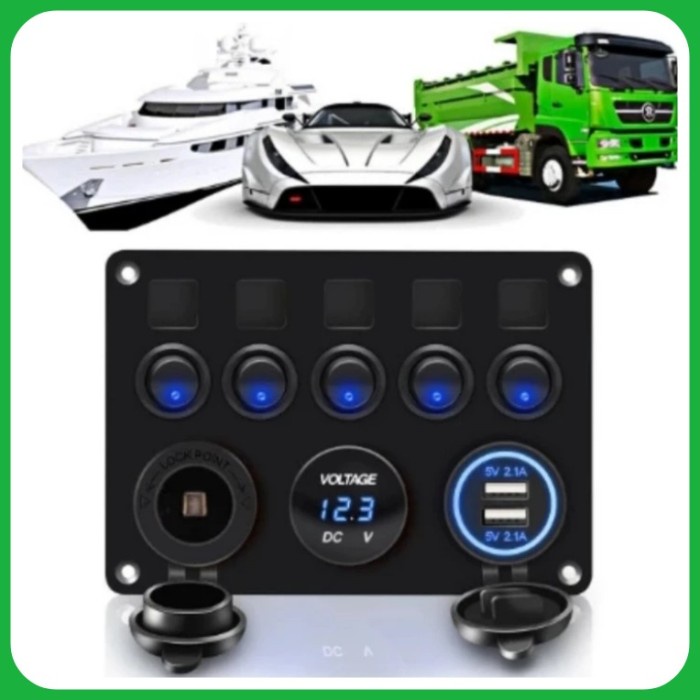 Jual [Original] Saklar Switch Panel Mobil Kapal Truck 5 Way 2 Lighter ...
