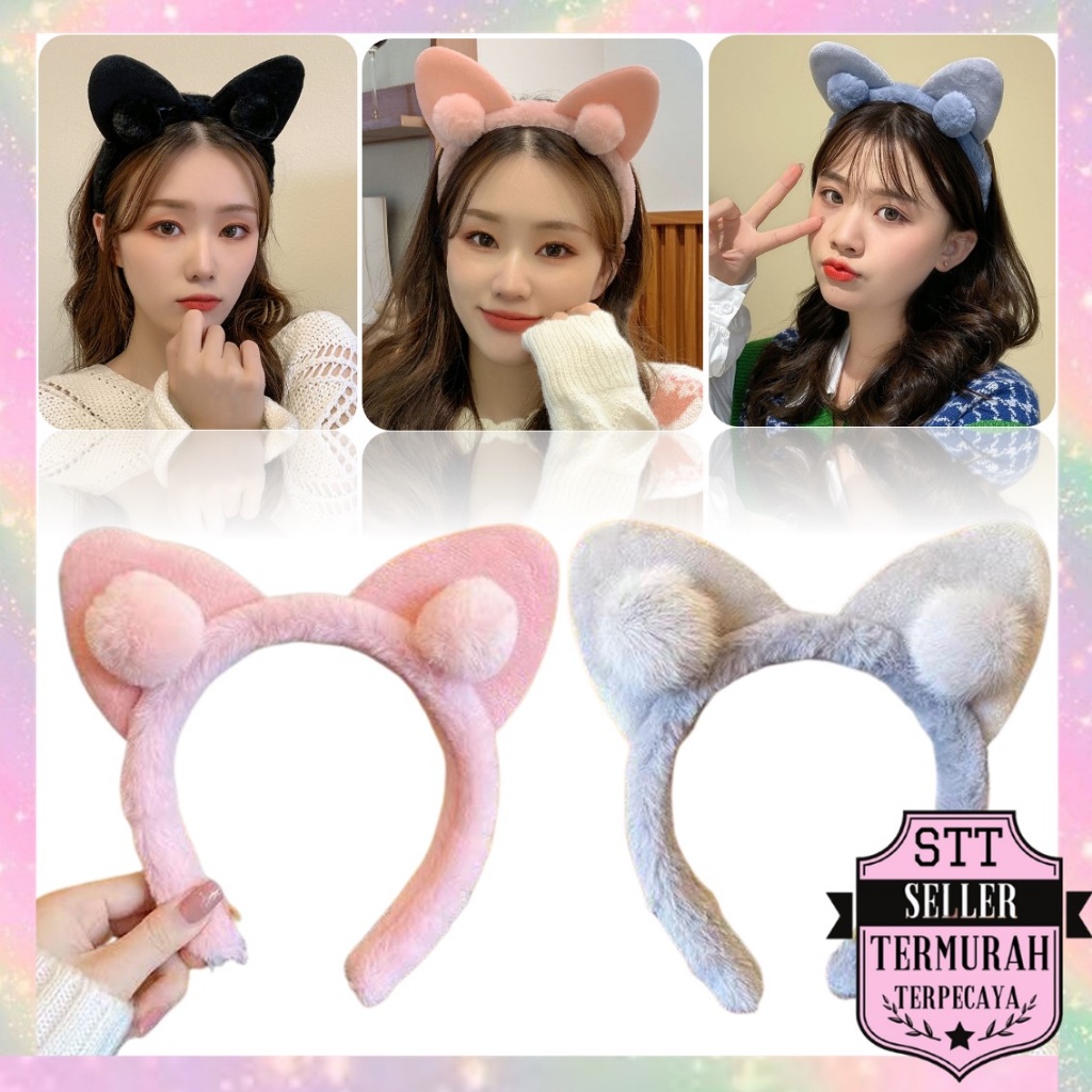 Jual STT Bando Karakter Telinga kucing Bandana Pom-Pom Bulu Gaya Korea ...