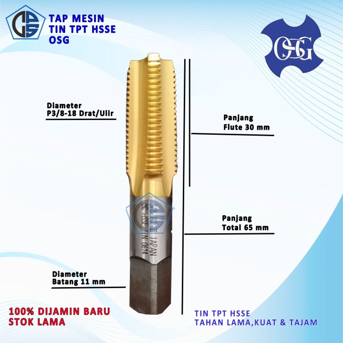 Jual Tap Pipa Lurus Drat Ulir PT 3/8-18 O S G HSS E TIN TP T | Shopee ...
