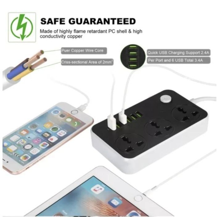 Jual STOP KONTAK USB 6 PORT COLOKAN LISTRIK 3 LUBANG 2 METER | Shopee Indonesia