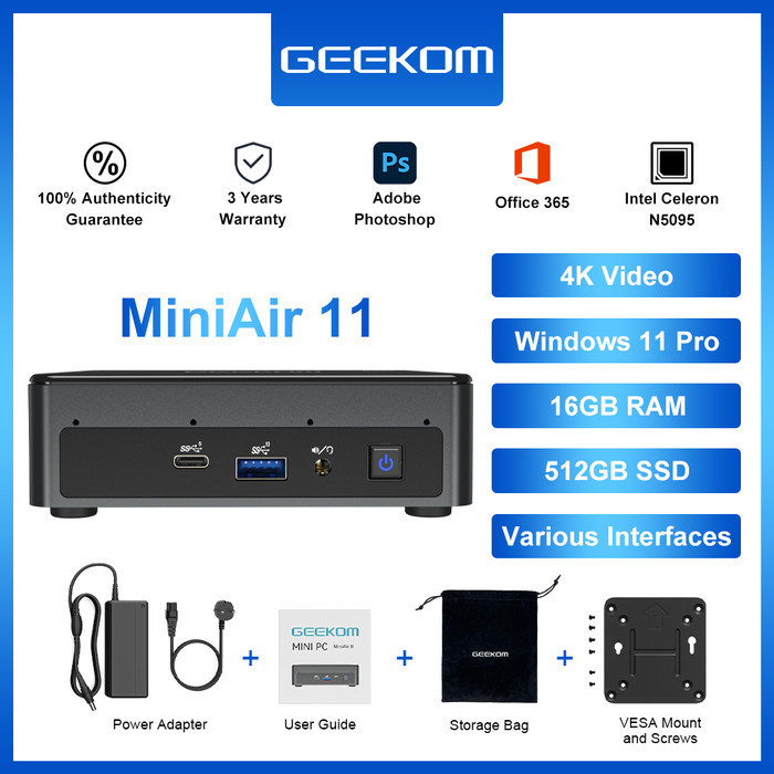 Jual Mini PC GEEKOM MiniAir 11 N5095 16/512GB Dual HDMI WiFi Windows 11 ...