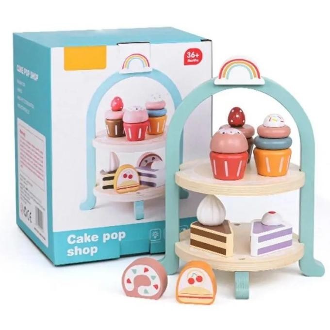 Jual Kabi Wooden Cake Pop Shop Cupcake Tray Tower Set Pretend Play Toy ...