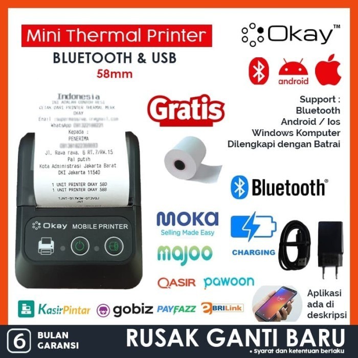 Jual Mini Portable Printer Ppob / Kasir 58Mm Thermal Ok-58B (Usb+Bluetooth) | Shopee Indonesia