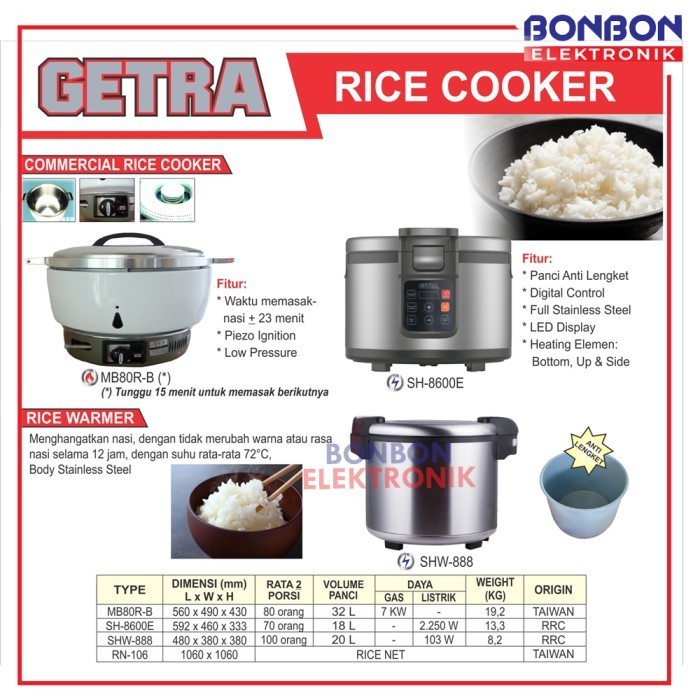 Jual Getra Commercial Rice Cooker Gas Mb80R-B / Mb 80R / Mb 80 R ...
