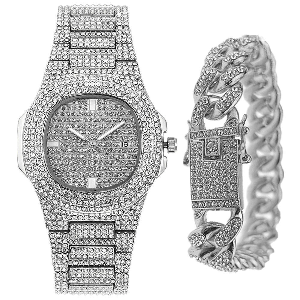 Jual Watch Cuban Bracelet Set Starry Hip Hop Diamond Gold Watch with ...