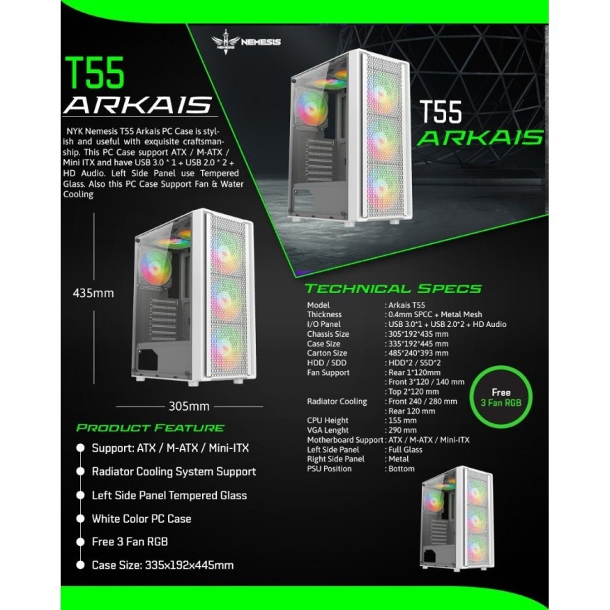 Jual Casing Nyk Nemesis Arkais T55 Case Tempered Glass Atx Free 3 Fan ...
