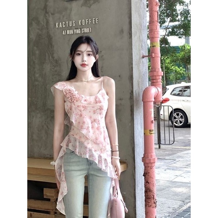 Jual Desain Ceruk Atasan Camisol Ruffle Bunga Hancur Merah Muda Desain ...