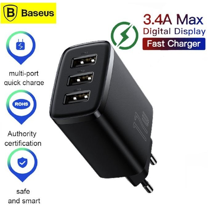 Jual Baseus 3 Ports Usb Charger Led Display Multi Travel 3.4A Fast ...