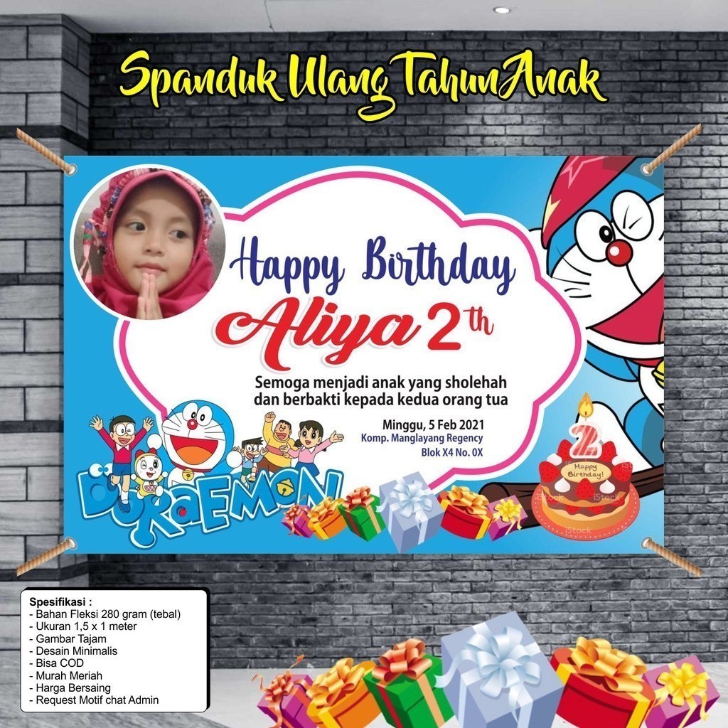 Jual spanduk banner ulang tahun anak happy birthday doremon 1,5x1m bisa ...