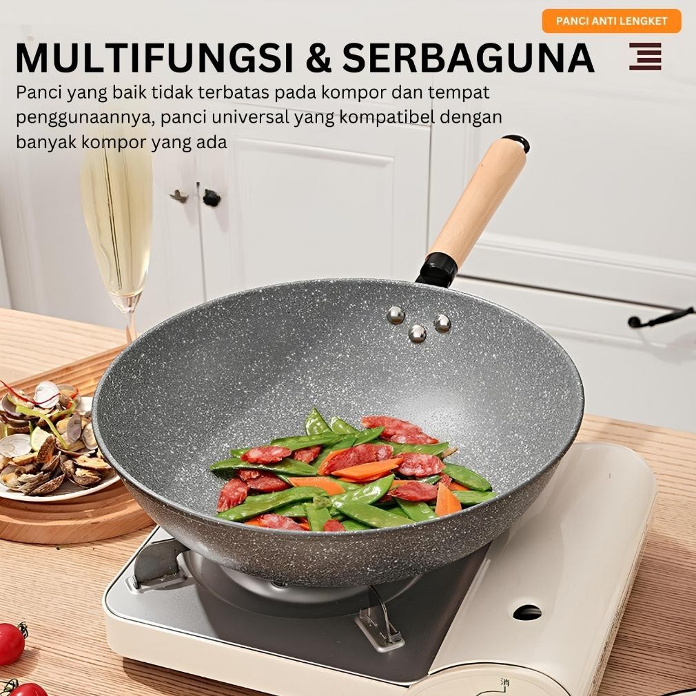 Jual stok SUNLAND Wok Pan Wajan Penggorengan Anti Lengket Batu Medis Multifungsi + Tutup Panci ...
