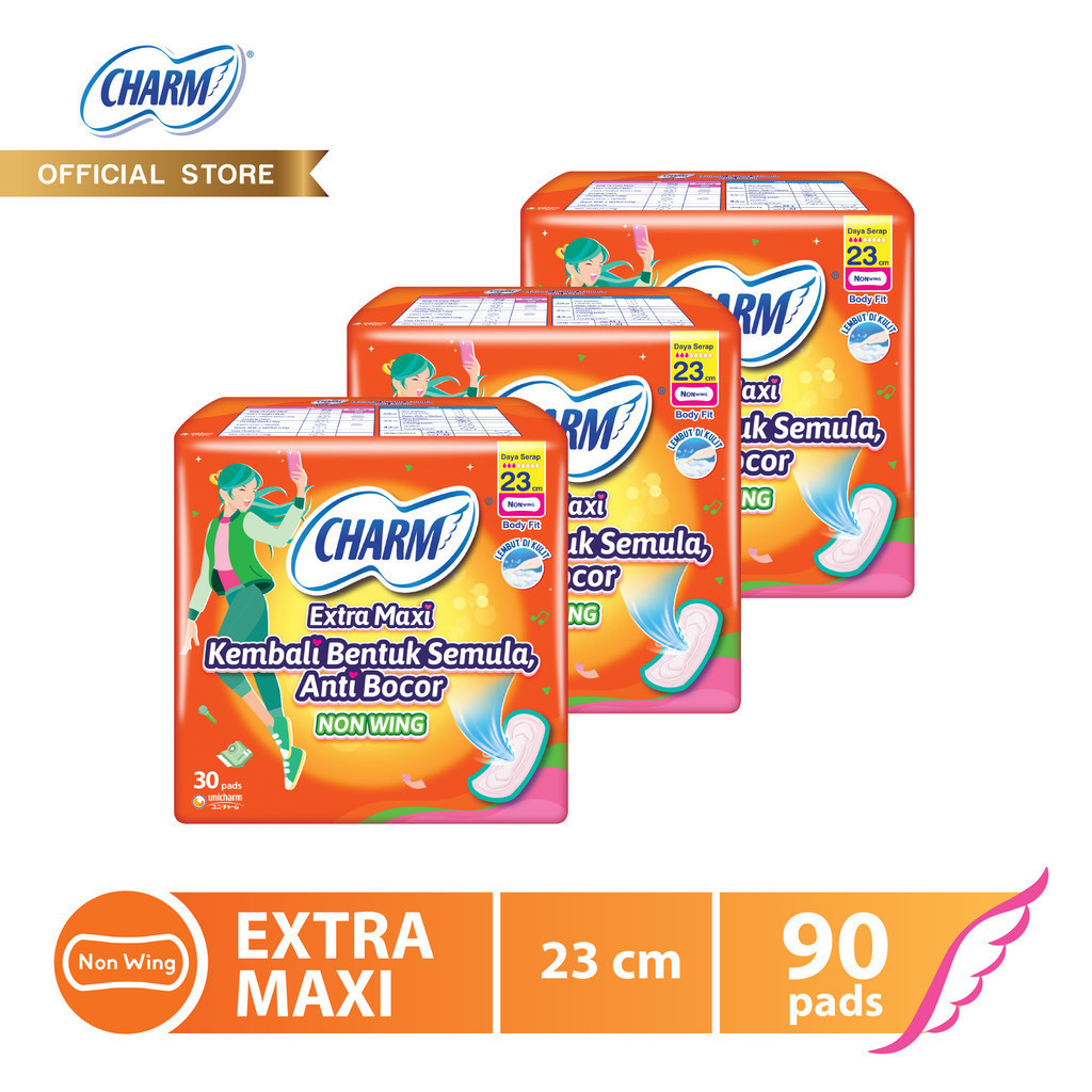 Jual Charm Pembalut Body Fit Extra Maxi 23cm Non Wing 30 pads - 3 Packs ...