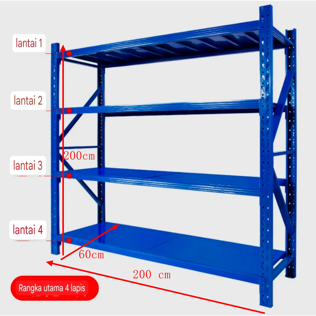 Jual rak rangka besi gudang 4 susun 200 kg 200x60x200 cm rack serbaguna ...