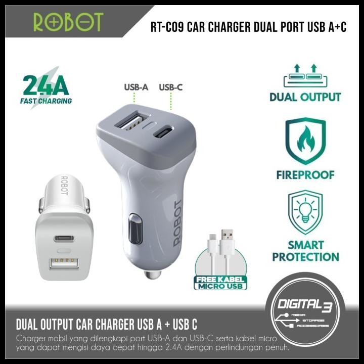 Jual Robot Rt-C09 Car Charger Mobil Dual Port Usb Type-C 2.4A +Kabel Micro | Shopee Indonesia