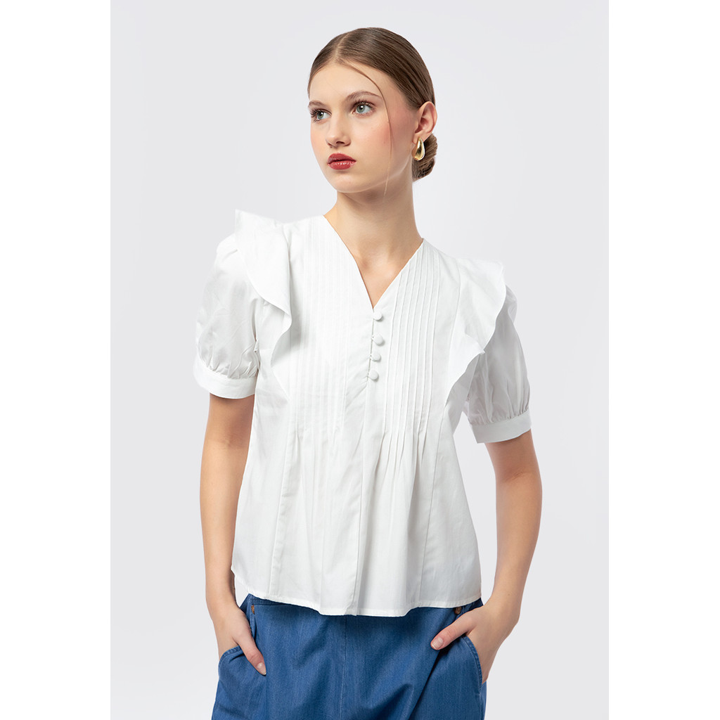 Jual Et Cetera V-Neck Short Sleeve Blouse OFF WHITE | Shopee Indonesia