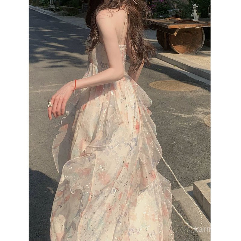 Jual Gaun Bunga Liburan Panjang Baru Keinginan Murni Angin Leher ...