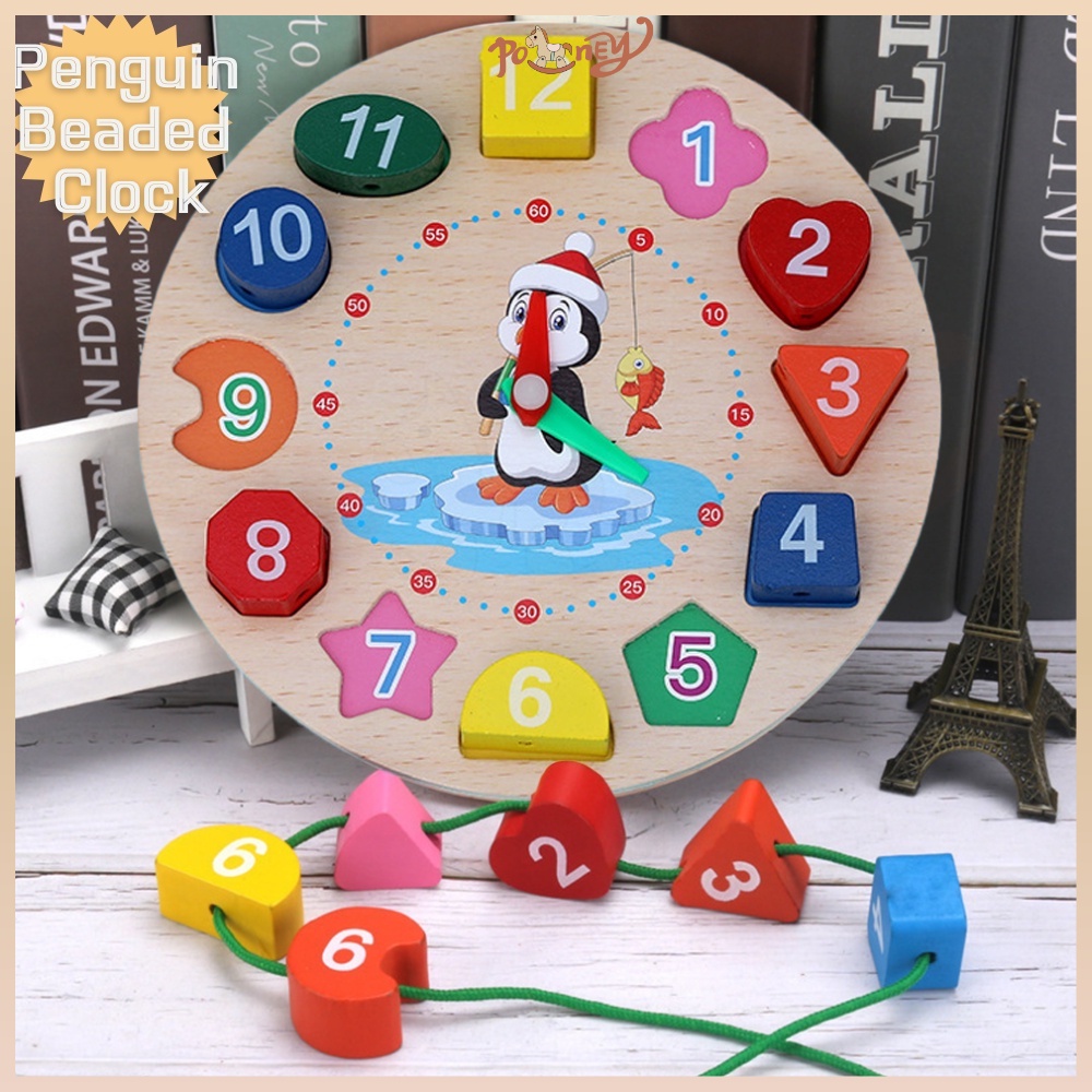 Jual Poney Mainan edukasi jam kayu penguin beaded clock jam geometri ...