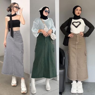 Jual Rok Span Kimpul Wanita Highwaist Rok Cargo Jeans Warna Hijau Tua ...