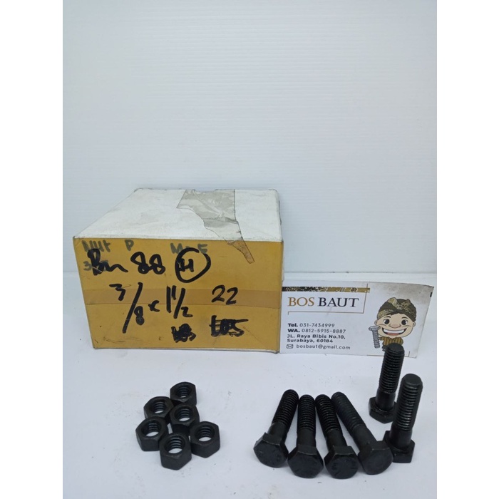 Jual Baut Mur Baja UNC / INCHI 8.8 3/8X1-1/2 Hitam | Shopee Indonesia