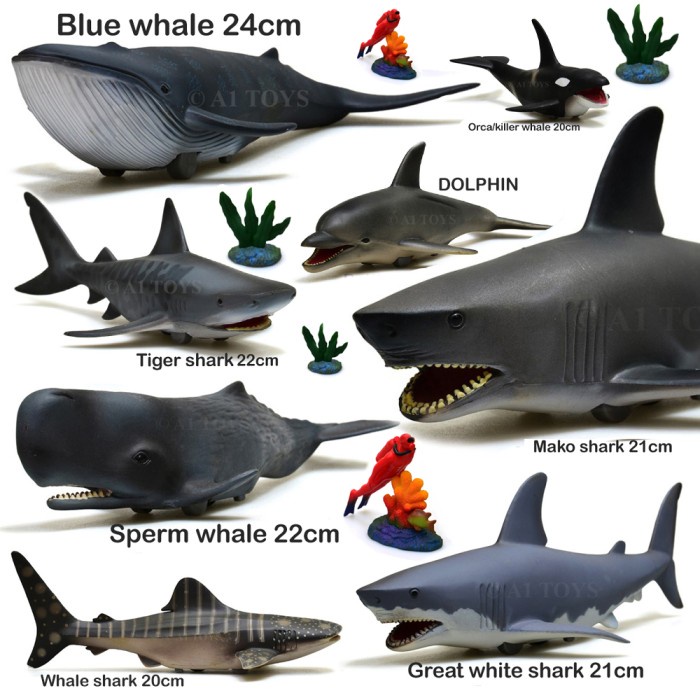 Jual Mainan ikan miniatur shark whale dolphin orca tiger shark mako ...
