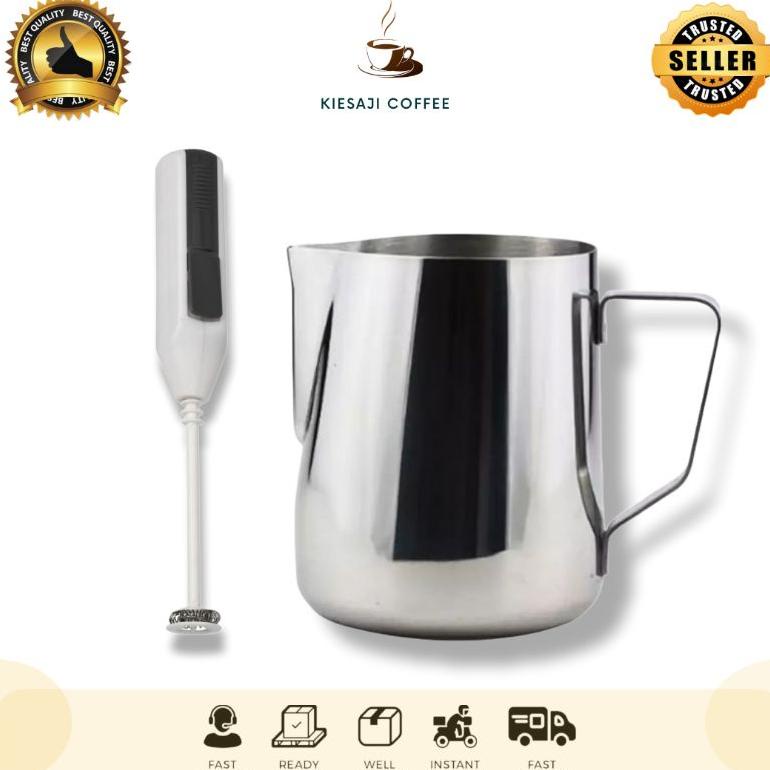 Jual paket barista milk jug milkjug 350ml + frother / Electric hand ...