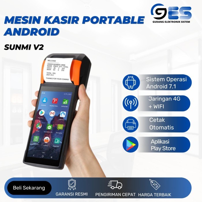 Jual Mesin Kasir Portable Android Sunmi V2 2/16Gb 4G Thermal Printer Scan | Shopee Indonesia