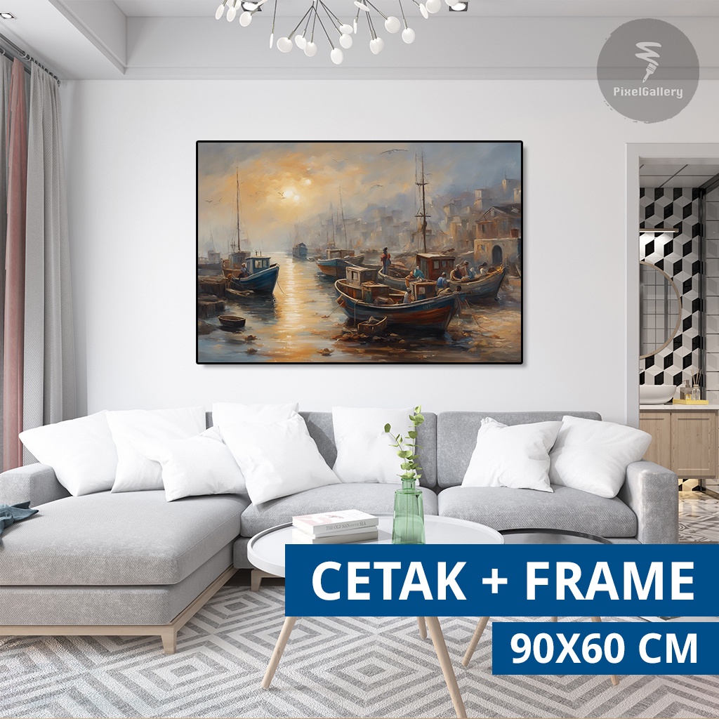 Jual Lukisan MEGAJUMBO 90X60 Perahu Nelayan dan Kesibukanya Hiasan ...