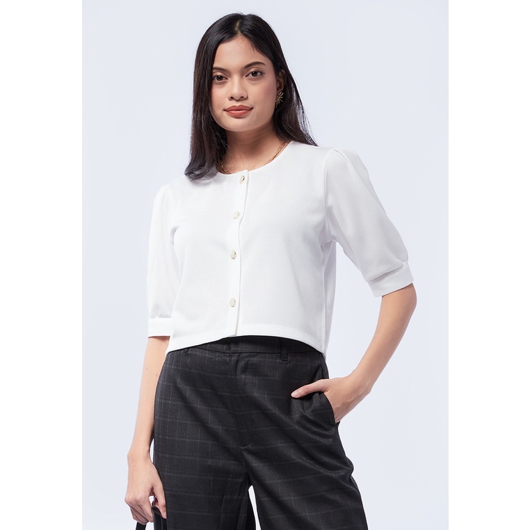 Jual Executive Puff Sleeves Knit Top with Fancy Button Off White ...