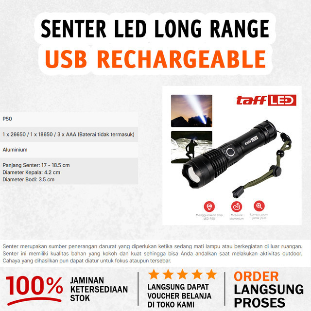 Jual Senter LED Long Range Zoom USB Rechargeable P50 - Warna { Black ...