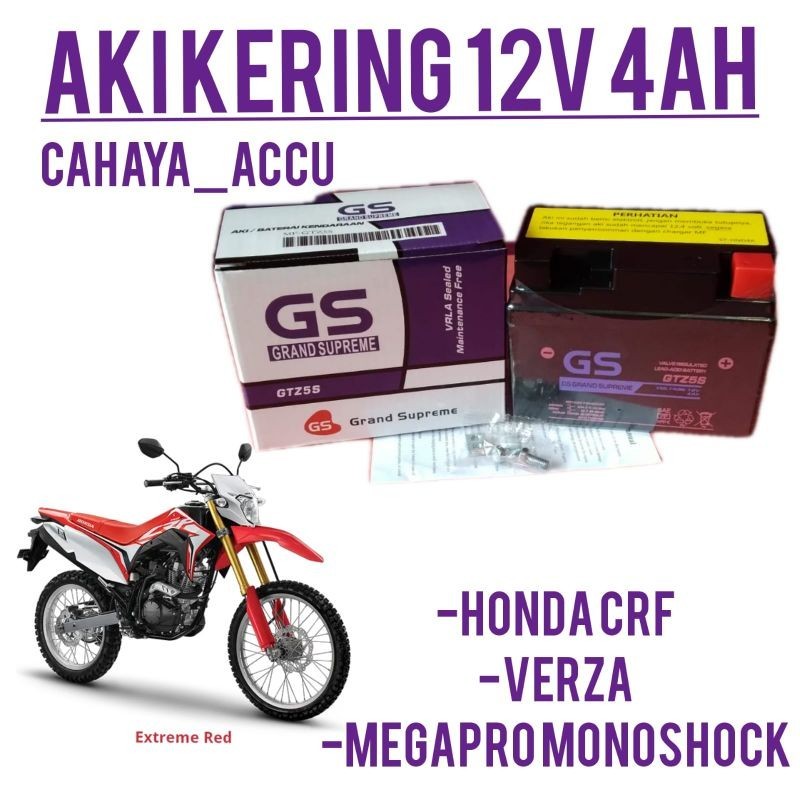Jual AKI MOTOR HONDA CRF,VERZA MEGAPRO MONOSHOCK AKI KERING GTZ5S 12V 4AH | Shopee Indonesia