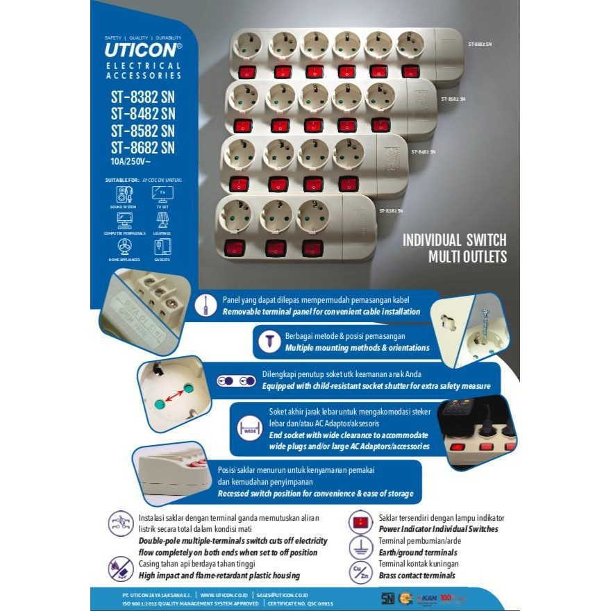 Jual UTICON STOP KONTAK 6 LUBANG SAKLAR MASING2+PENGAMAN+PANEL ST-8682 ...